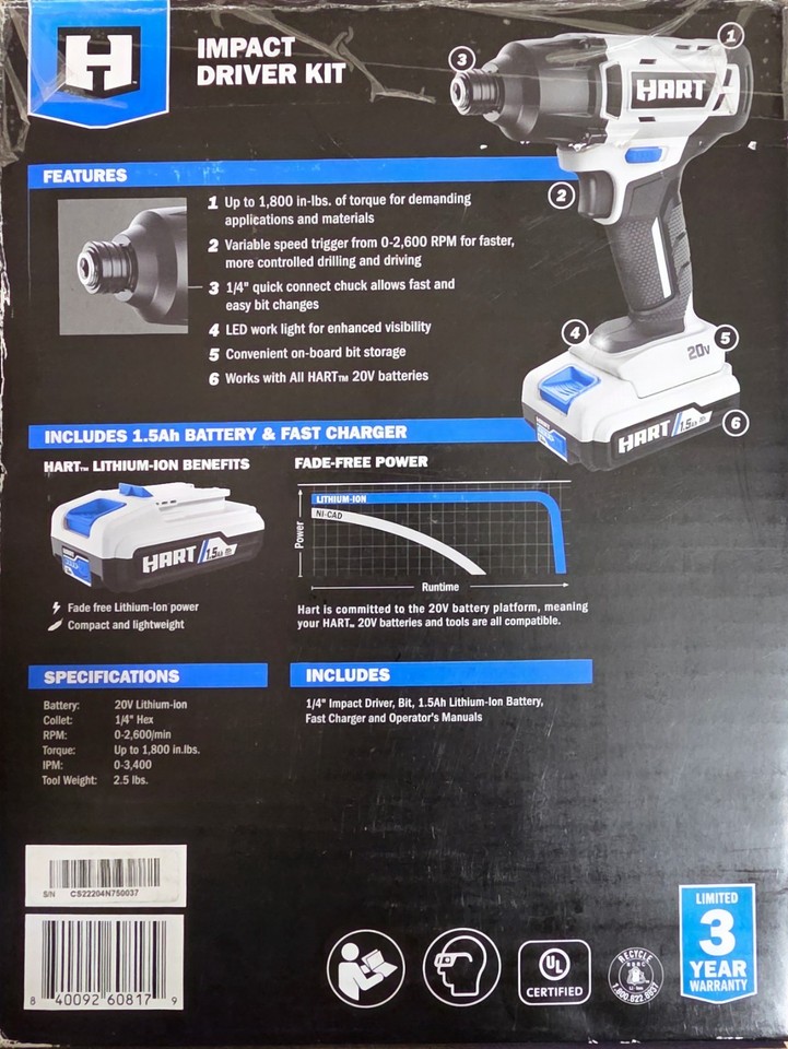 HART 20v Cordless Impact 1/4 Driver Drill - HPID02 - Tool Only | eBay