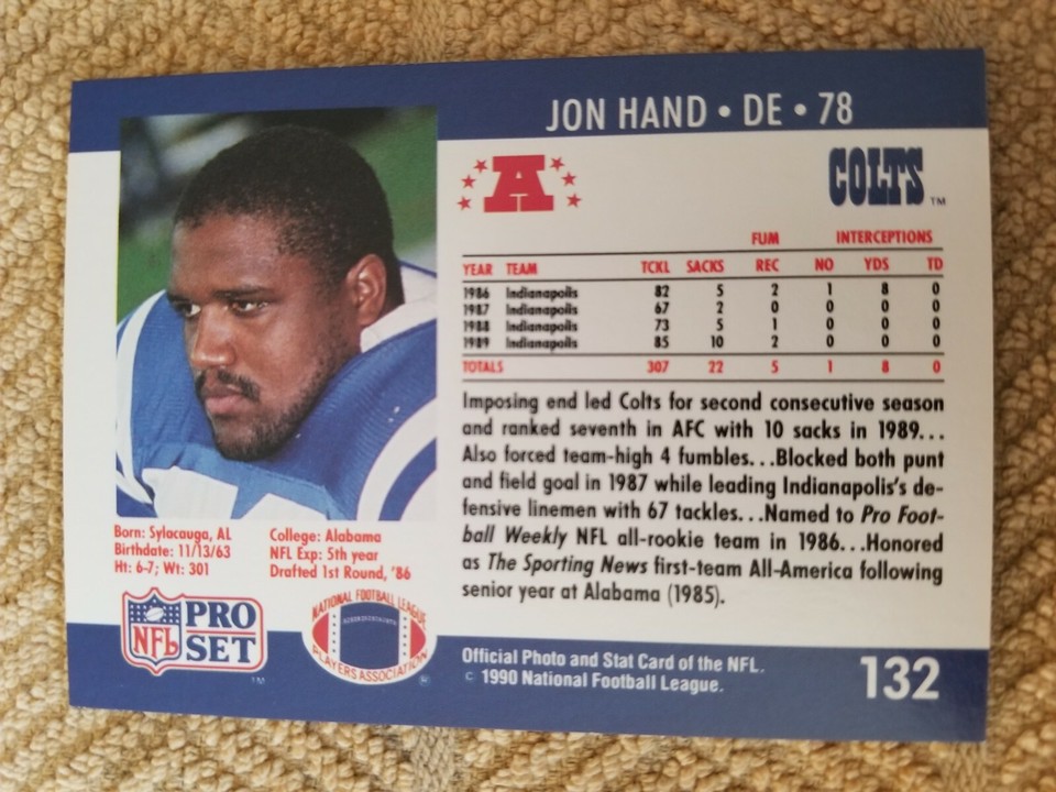 Jon Hand Indianapolis Colts Defensive End Pro Set 1990 | eBay
