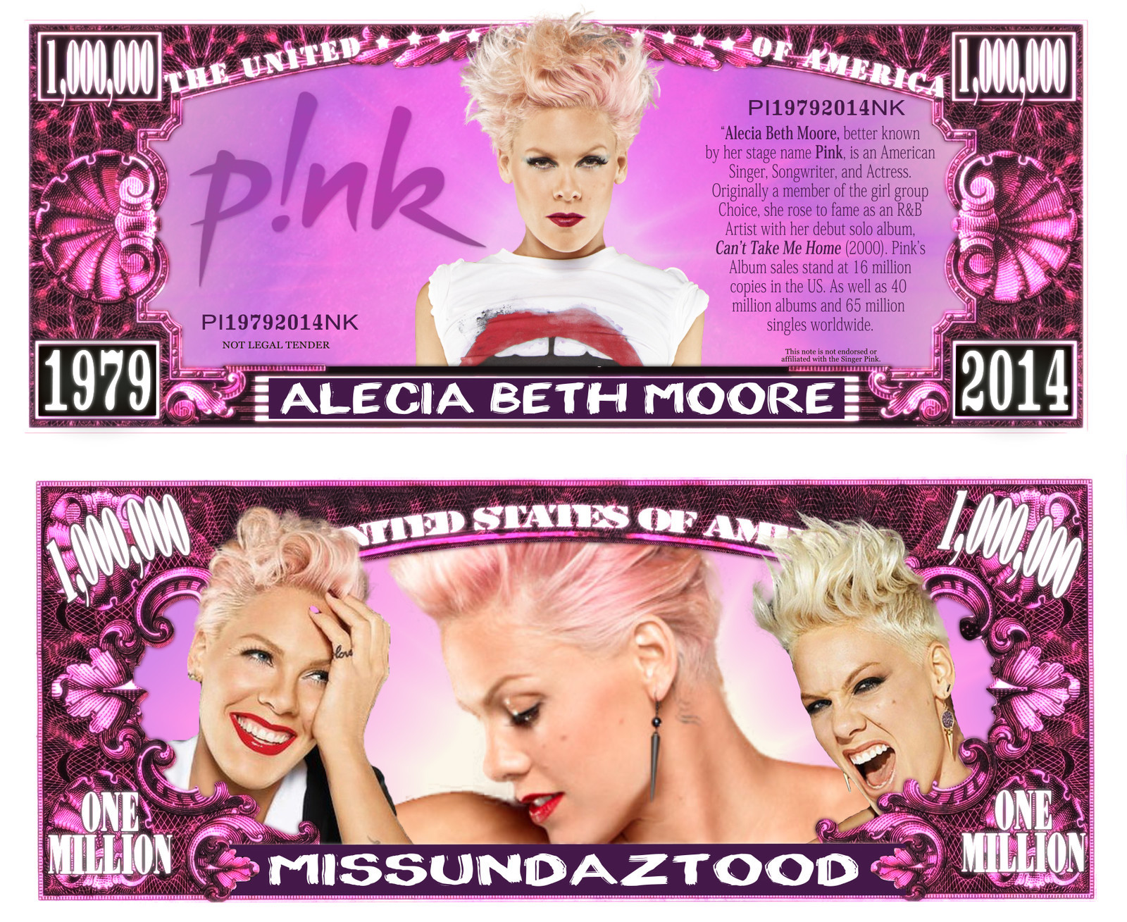 PINK! 1 MILLION DOLLAR BILL! PINK Collection Rock Pop Rn'b Singer Photo ...