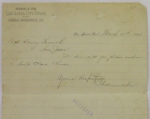 March 25, 1884 receipt: Los Gatos Perkins & Son City Store General ...
