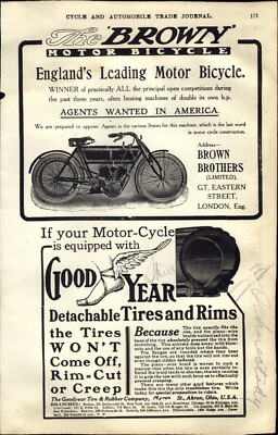 1907 PAPER AD CAR AUTO Brown Brothers Motor Bicycle London England ...