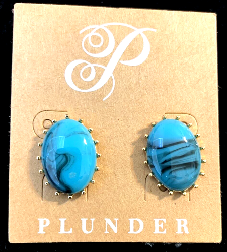NWT PLUNDER Turquoise Blue & Black Gold Tone 3/4" Pierced Stud Earrings ...