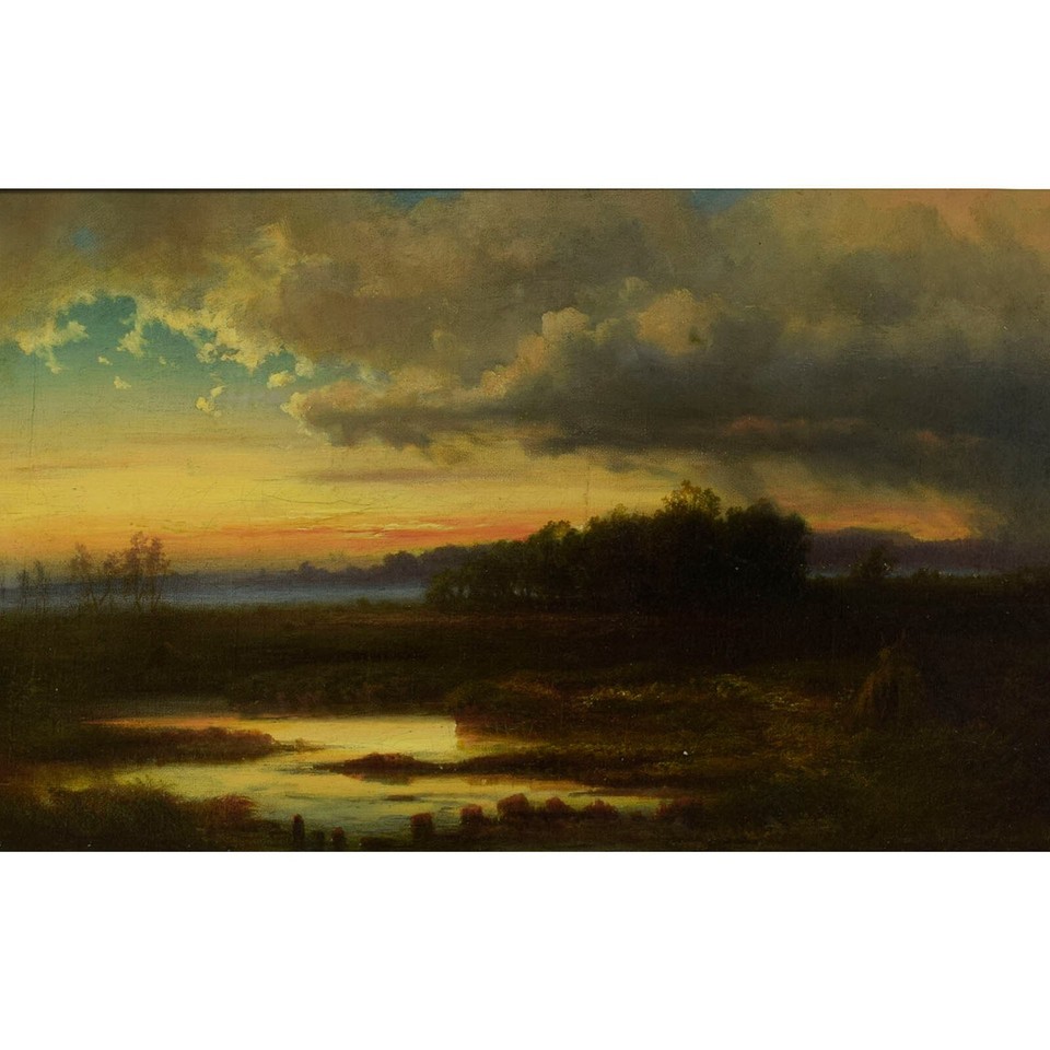 19th century Old oil painting landscape with setting sun 24 x 16.5 in ...