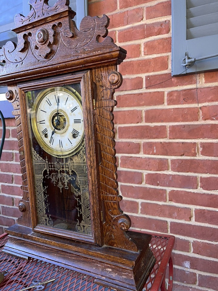 Antique Seth Thomas Oak Gingerbread/Kitchen Alarm Shelf Mantel Clock ...