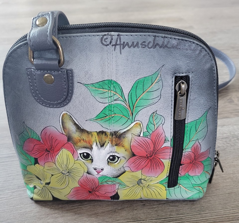 ANUSCHKA Hand Painted Leather Crossbody Bag Purse Cats Handbag Small ...