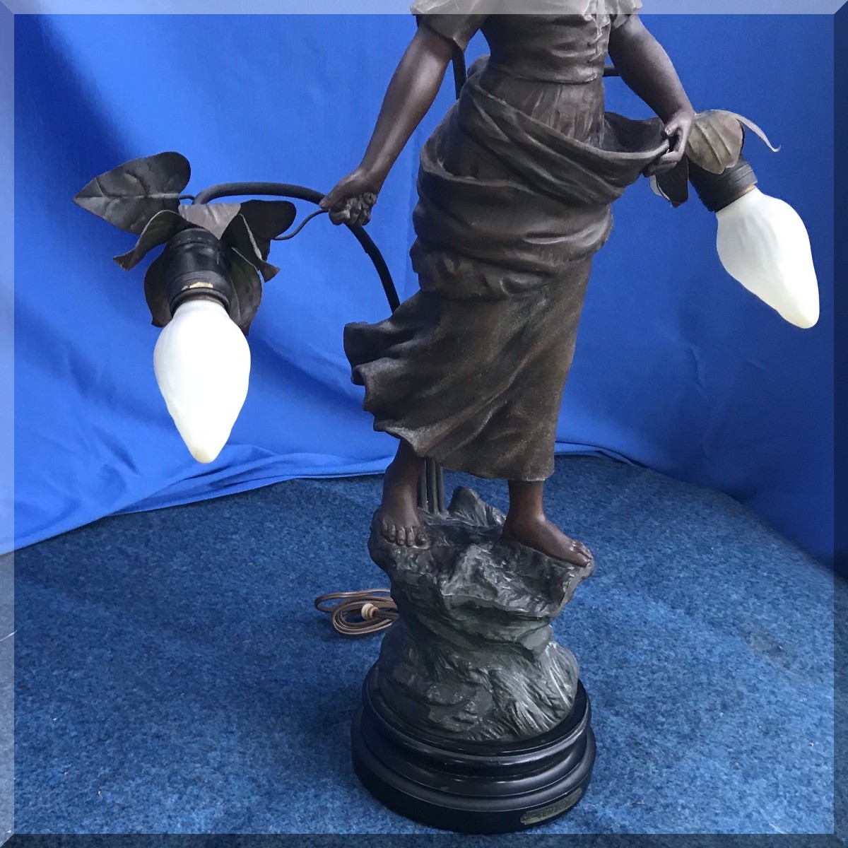 ANTIQUE SPELTER SIGNED FIGURAL ART NOUVEAU 3-LIGHT FRENCH SEMEUSE ...