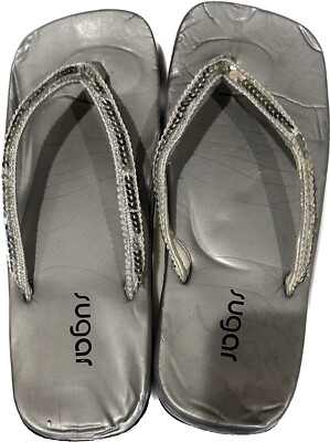 VTG Sugar Floaties Flip Flops Silver Sequin Strap Sz 8 Comfort BEACH ...