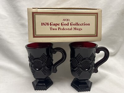 Avon Ruby Red Glass Cape COD 2 Pedestal MUGS new In Box | eBay