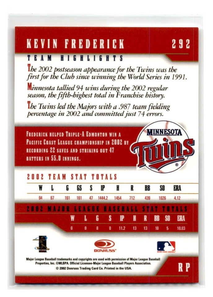 2003 Donruss Team Heroes - #292 - Kevin Frederick - Minnesota Twins | eBay