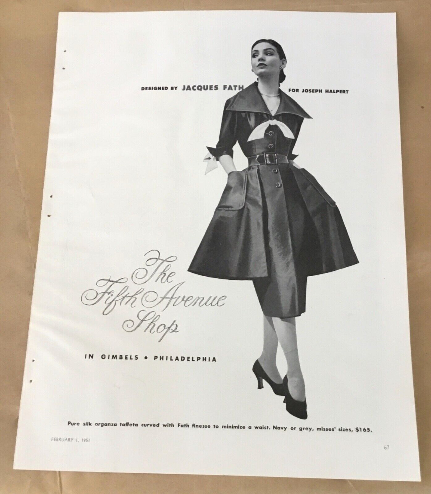 Jacques Fath Gimbels print ad 1951 orig vintage 1950s fashion art women ...