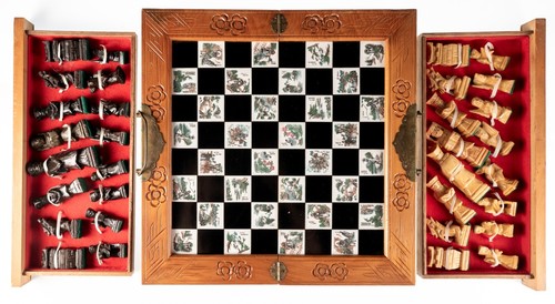 Hand Carved Wood and Painted Porcelain Tile Folding Chinese Chess Set ...