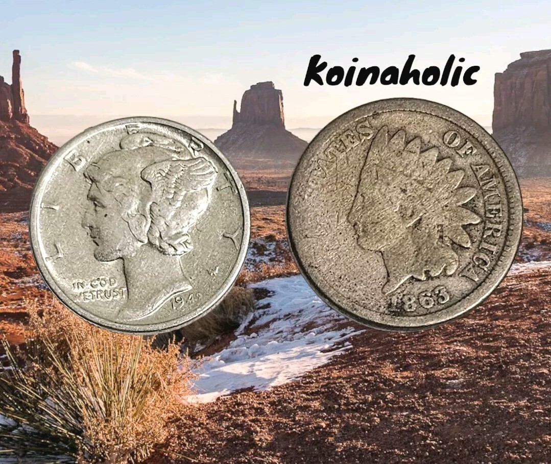 1863 Civil War Era Indian Head Penny Small Cent And Mercury Dime ...