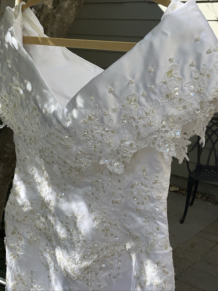 Vintage Alfred Angelo Wedding Dress Tulle Beaded Fitted Off Shoulder Sz ...