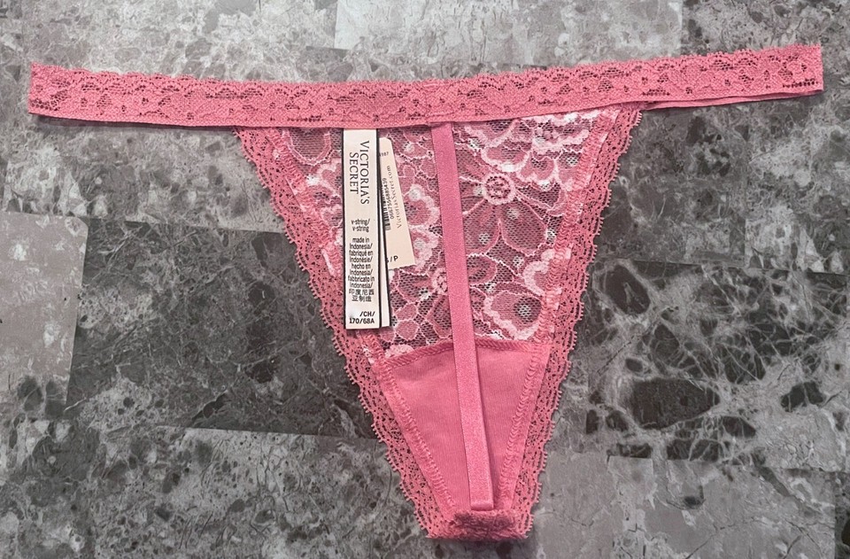 NWT VICTORIA'S SECRET PINK POLKA DOT FLORAL LACE V STRING THONG PANTIES ...