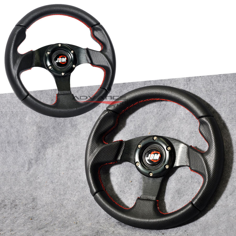 Universal 280MM Racing Steering Wheel Black PVC Carbon Look Red Stitch ...