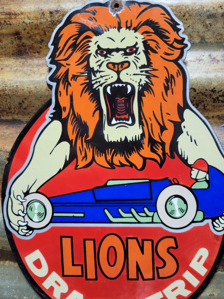 VINTAGE LIONS DRAG STRIP PORCELAIN SIGN OLD WILMINGTON CALIFORNIA ...