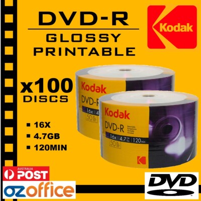 PREMIUM 100 x Kodak DVD-R GLOSSY PRINTABLE DVD 16X 4.7GB A+ Grade Blank ...