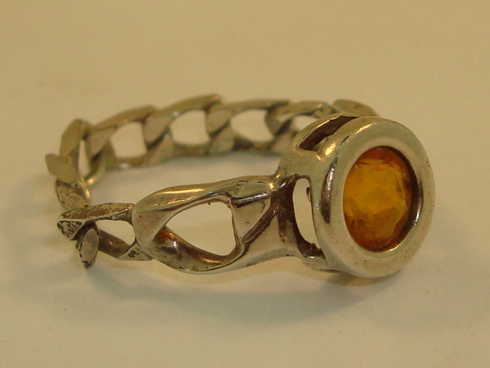 UNIQUE VINTAGE STERLING SILVER CHAIN RING W/CITRINE ARTIST SIGNED C.A ...