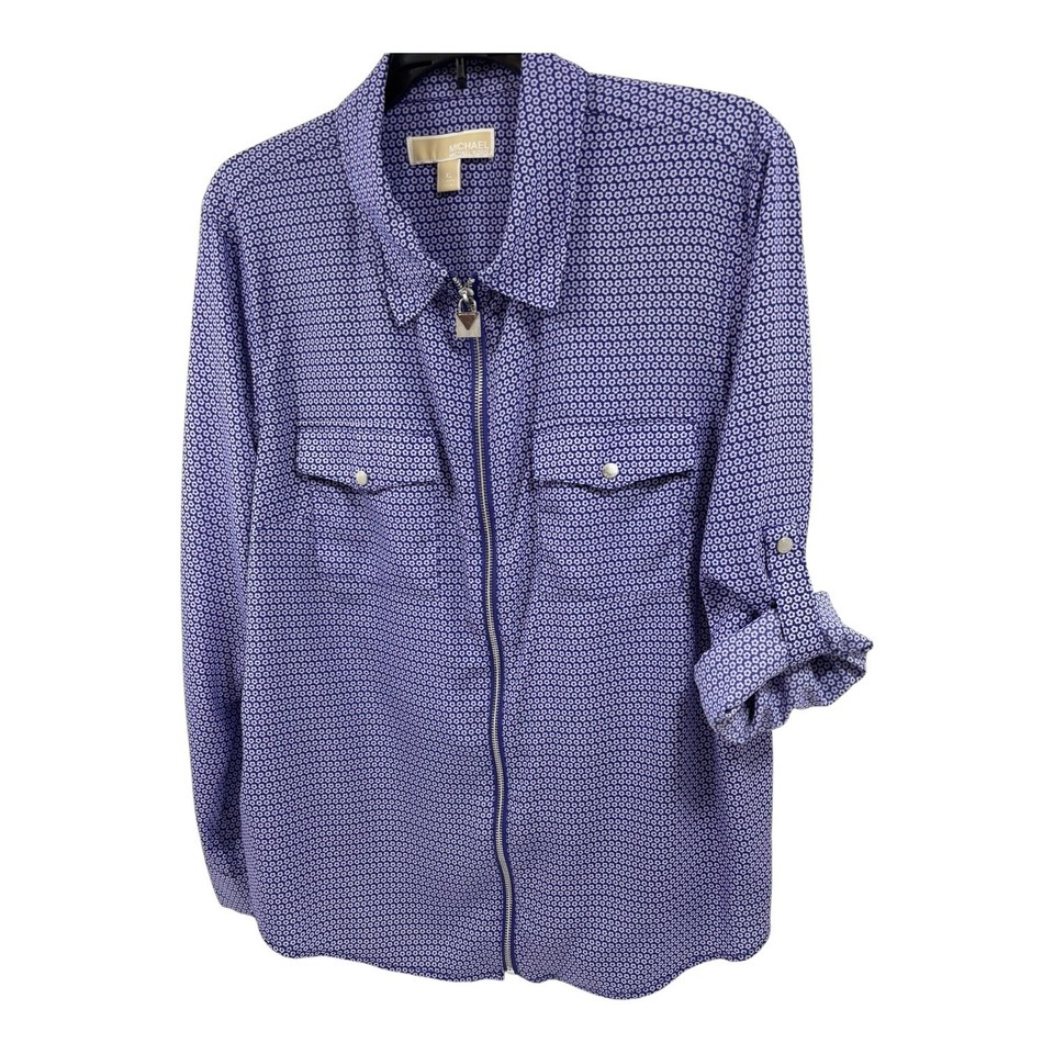 Michael Kors Zip up Shirt Size XL Chiffon Purple White Flowers Roll Tab ...