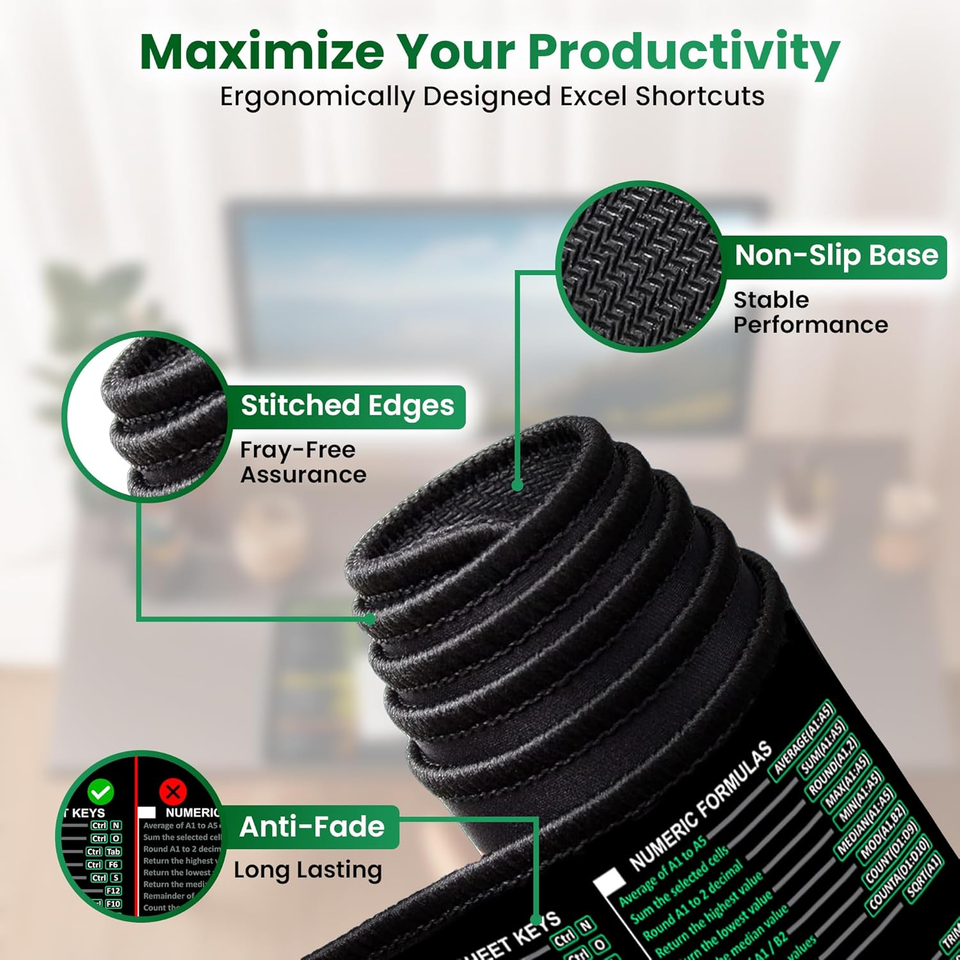 Excel Shortcuts Mouse Pad - Extended XL Office Keyboard Mat, Excel ...