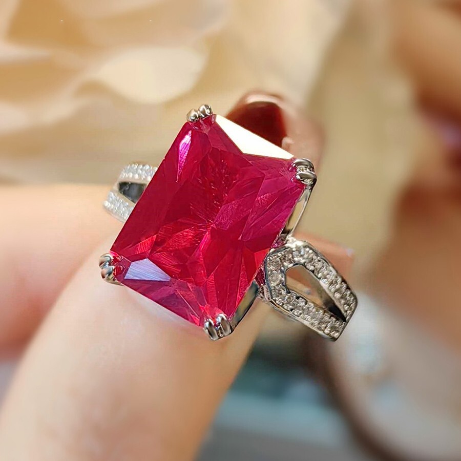 New 14mm Rectangle Red Corundum Gemstone Luxury Party Jewelry Women ...