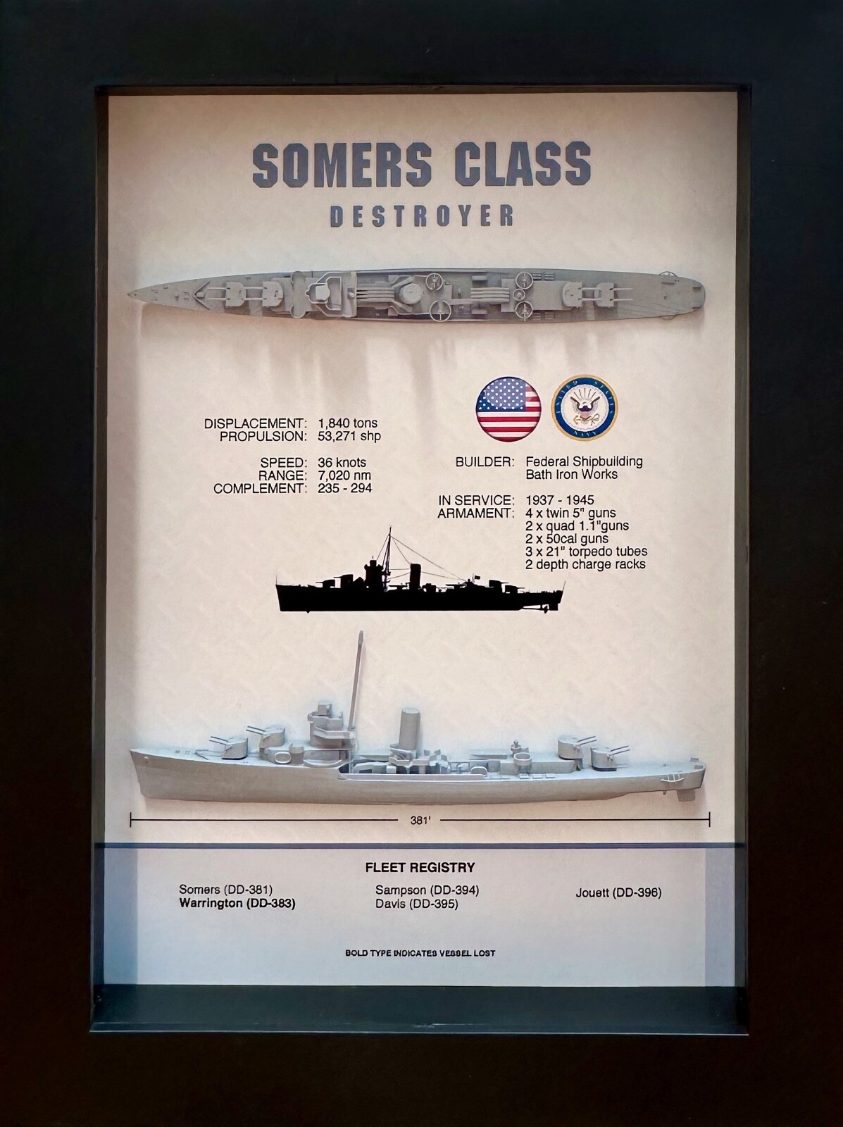 Somers Class Destroyer Memorial Display Box, WW2, 5.75" x 7.75", Black ...