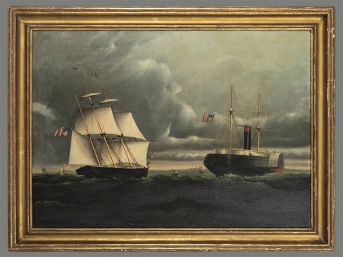 FINE W H PLUMMER MASTED SHIP & STEAMSHIP BOSTON HARBOR OIL PAINTING C ...