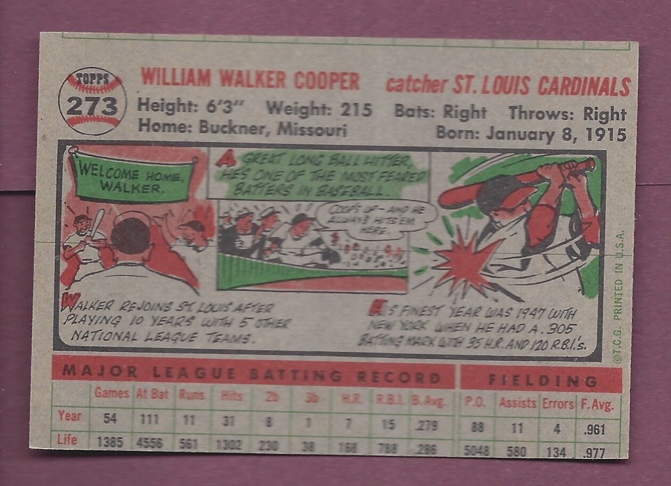 PACK FRESH SHARP 1956 TOPPS #273 WALKER COOPER GRAY BACK .99 SHIP M171 ...