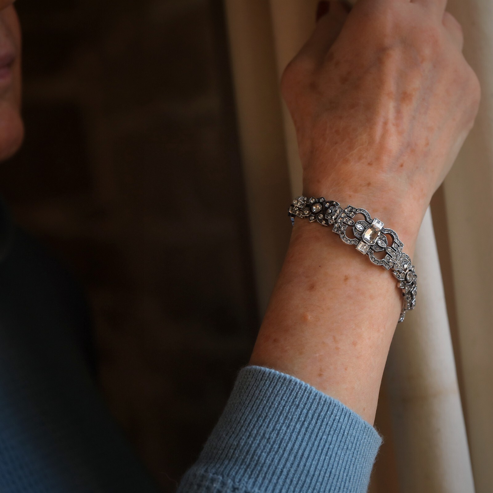 Pulsera Plateado Arte Decoración Estrás Rectángulo Blanco 1920s Gran ...