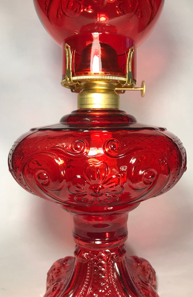 New Complete 9 1/2" Ruby Princess Feather Glass Oil Lamp w/ Ruby ...