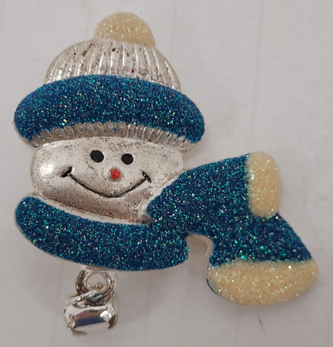 Pin Enameled Metal Snowman Head with Cap and Scarf Glittered Dangling ...