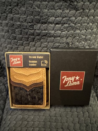 Tony Lama Western Mens Trifold Wallet Leather Embossed Ostrich Brown ...