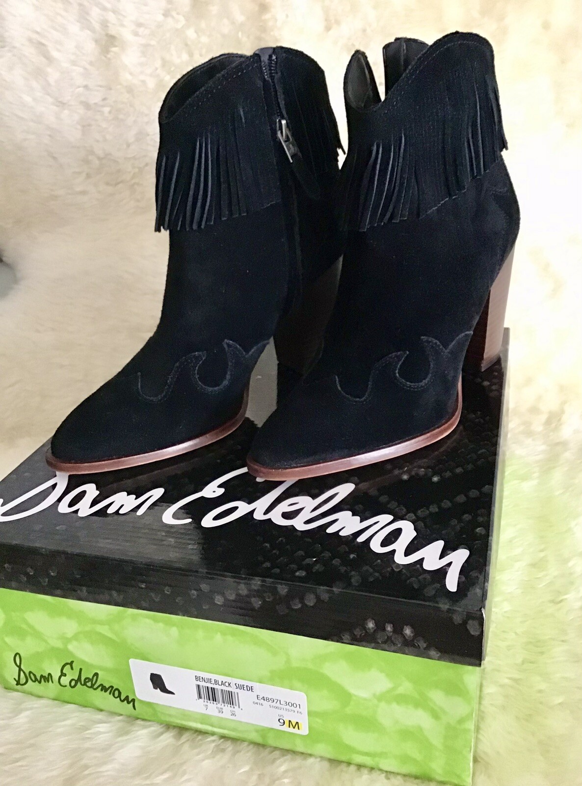 Sam Edelman Black Suede Ankle Boots-Western Style-Side Zip-Block Heel ...