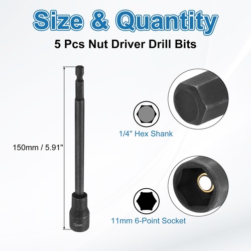 5pcs Nut Driver Drill Bit 11mm Socket 1/4" Hex Shank Magnetic Impact ...