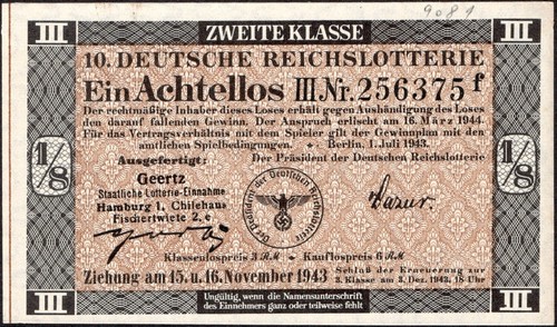 10. Germany 1/8 Lottery ticket Reichslotterie 1943 - WW2 - Series ...