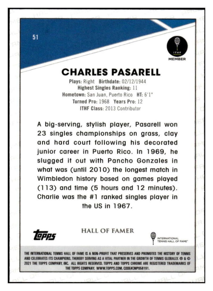 CHARLES PASARELL 2021 Topps Chrome Sapphire Edition #51 Tennis ID:71075 ...