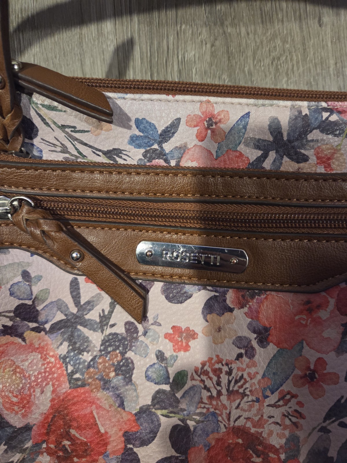 Rosetti Multicolor Floral Shoulder Bag Brown Trim Silver Hardware Zip ...