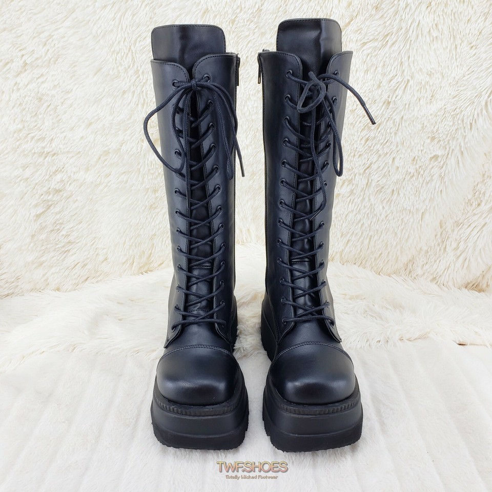DEMONIA Shaker 72 Black Platform 4.5" Wedge Mid Calf Goth Punk Rave ...