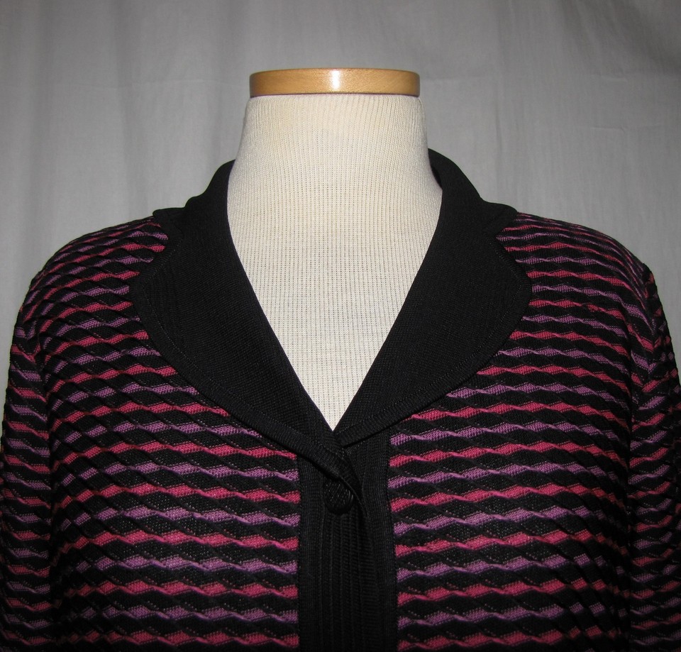 Misook Black/Purple/Pink Striped Design Acrylic Knit Button Front ...