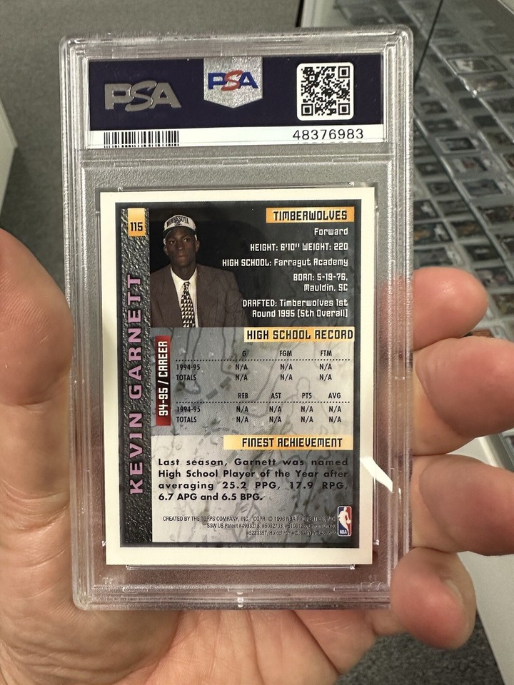 1995-96 Topps Finest w/coating Kevin Garnett RC #115 - PSA 9 MINT ...