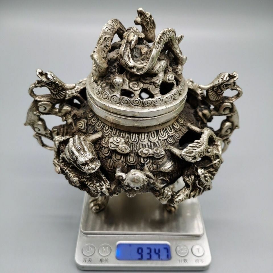 Antique Tibet silver nine dragon censer Old stamp tripod Incense Burner ...