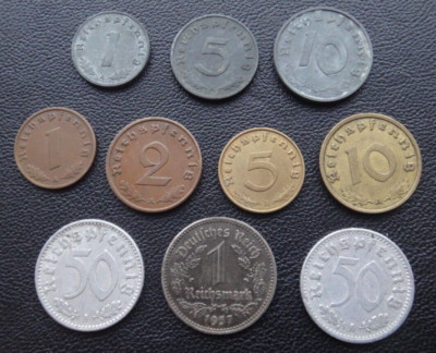 Germany 1935 -1942 NAZI Swastika 1,2,5,10,50 and 1 mark Pfennig Coin ...