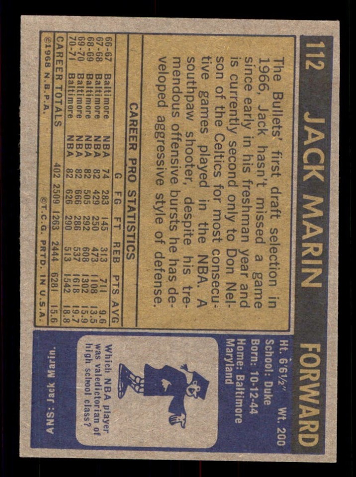 1971 Topps Basketball #112 Jack Marin EX *e1 | eBay