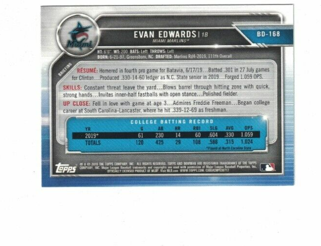 EVAN EDWARDS RC SIGNED IP 2019 1ST BOWMAN DRAFT BD-168 ROOKIE AUTO | eBay