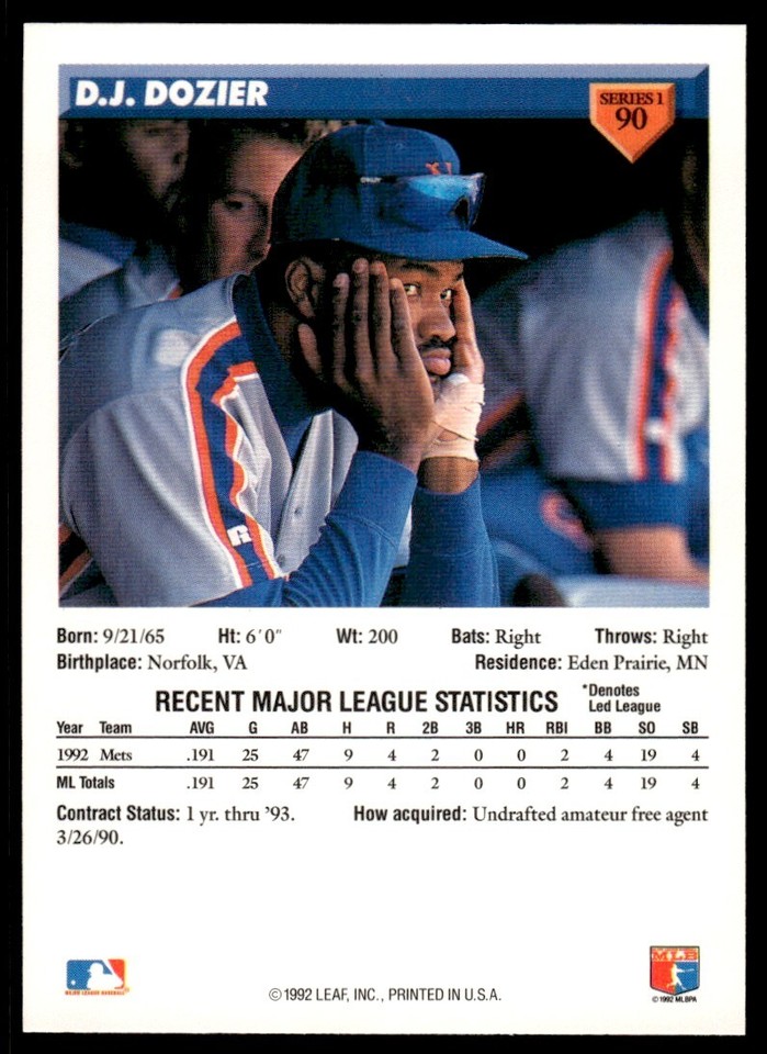 1993 Donruss Baseball Card D.J. Dozier New York Mets #90 | eBay