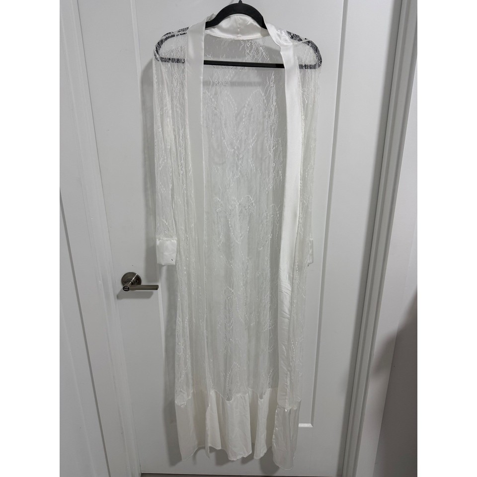 Sheer White Lace Kimono Duster Long Sleeve Satin Trim Elegant | eBay