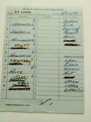 St. Louis Cardinals Game Used Line up Card July 27, 1980 Keith ...
