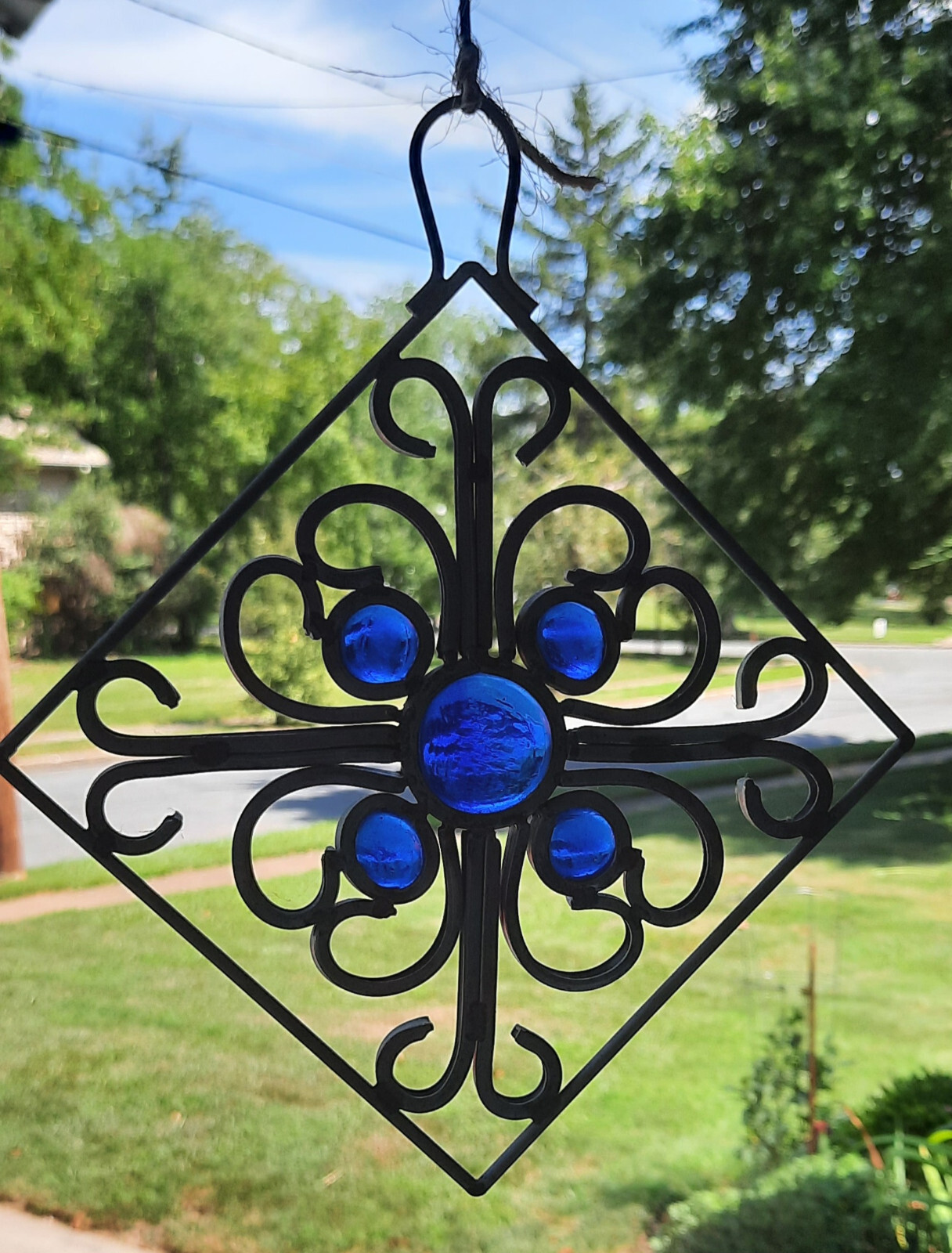 Deep jewel-like blue stained glass leaded cane window ornament ...