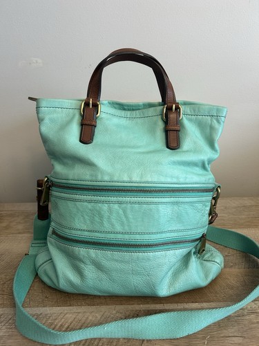 Fossil AQUA GREEN GENUINE LEATHER CONVERTIBLE TAN TOP HANDLE SHOULDER ...