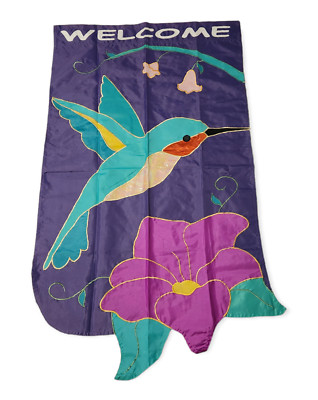 Garden Flag Banner Welcome Hummingbird Purple w/ Flowers Applique 27 1/ ...